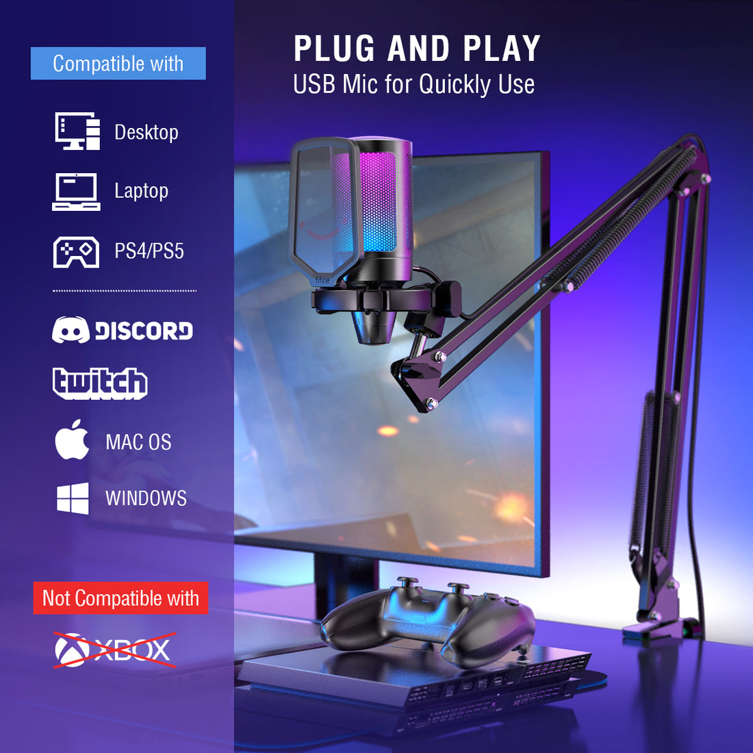 FIFINE AmpliGame A6T USB Condenser Microphone Kit with Boom Arm Stand ...